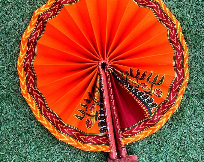 Orange Dashiki Print Fan | Angelina Print | Handmade Leather Fan - Etsy