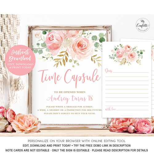 EDITABLE Floral Time Capsule Sign With Message Card Wishes for - Etsy