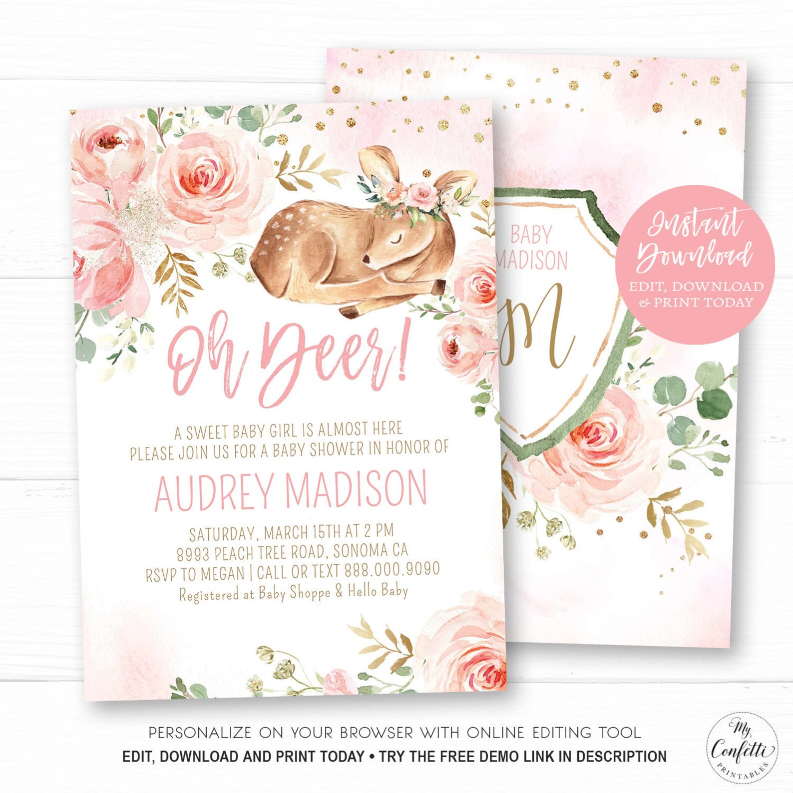 Girl Baby Shower Invitation, Printable Baby Shower Invitation, EDITABLE ...