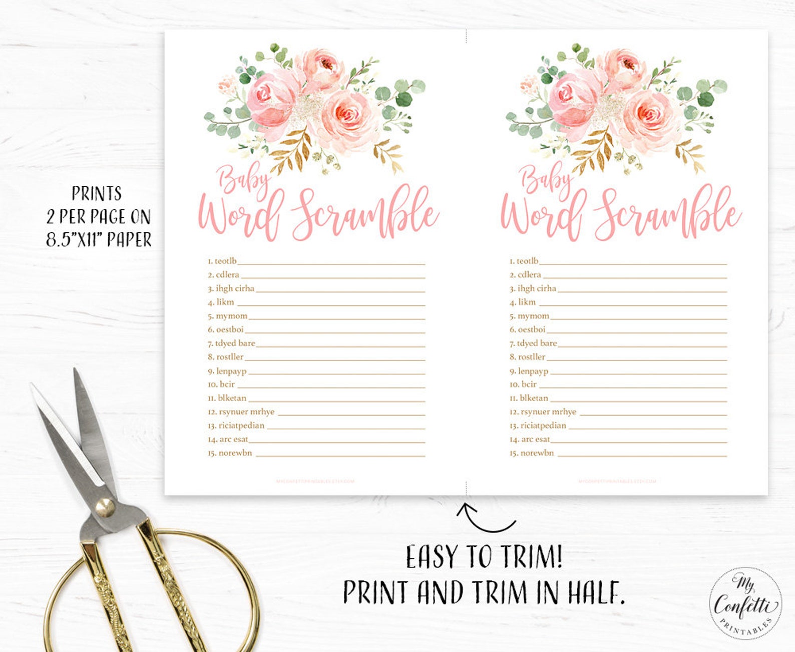 Baby Shower Game, Baby Word Scramble Game, Blush Pink Floral, Gold ...
