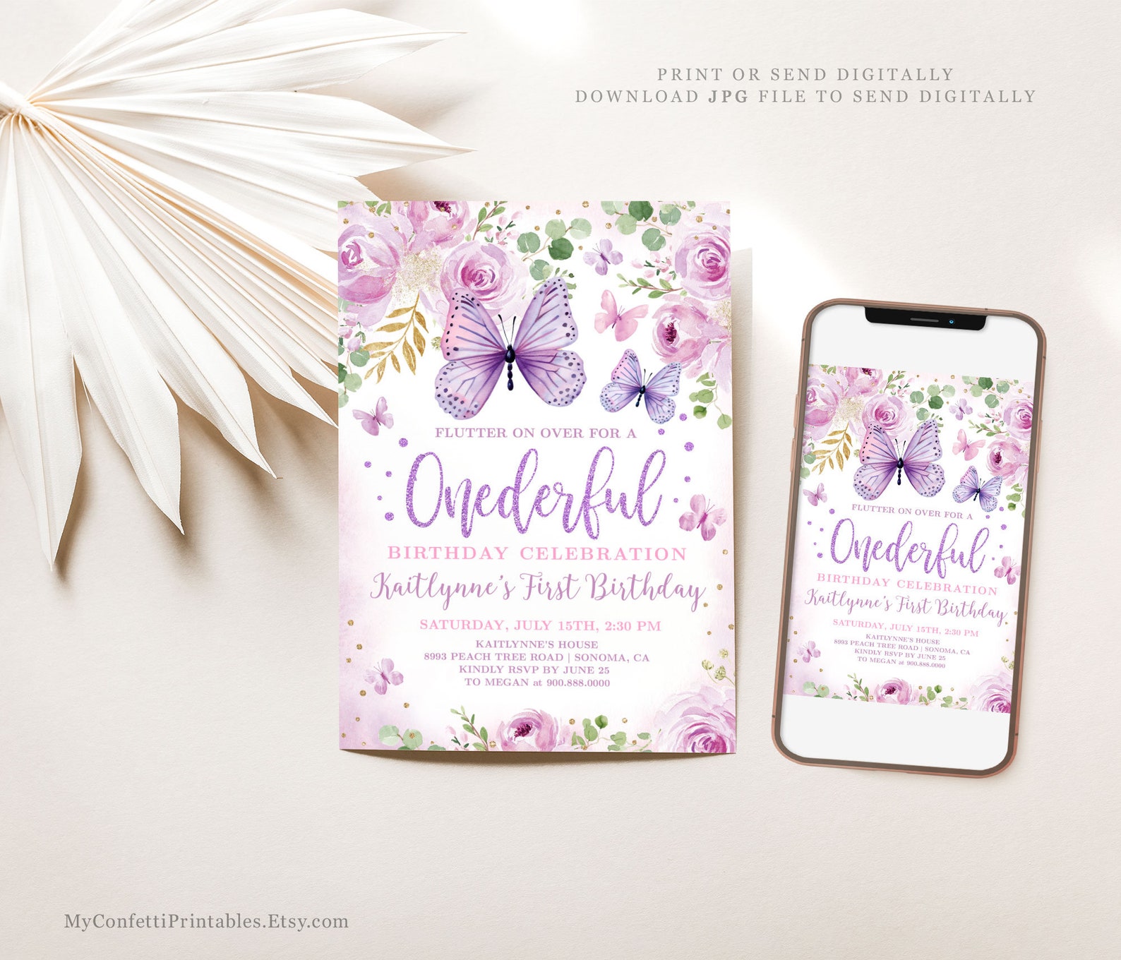 Onederful First Birthday Invitation Template, Editable, Girl, Butterfly ...