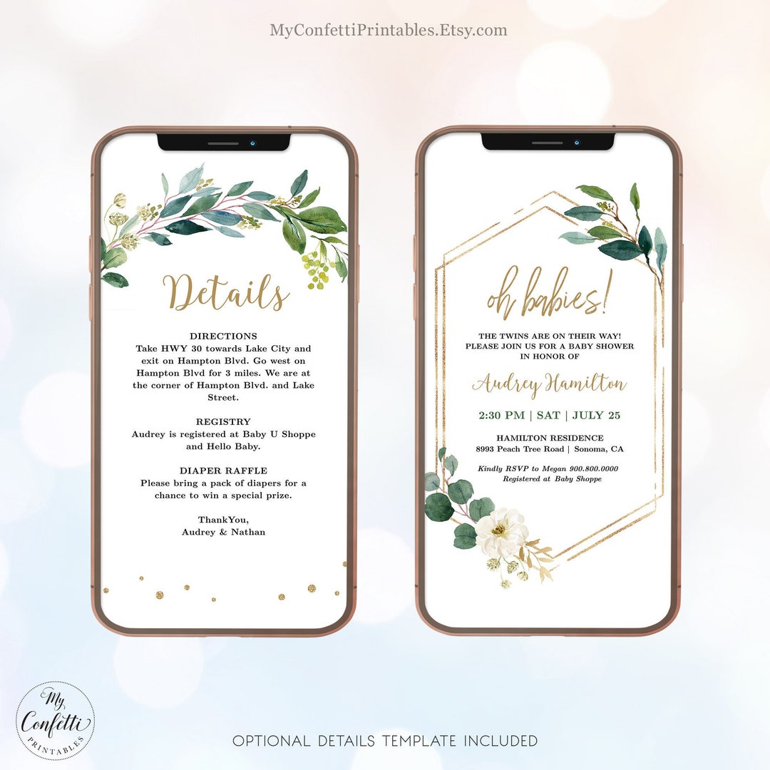 Twins Digital Baby Shower Invitation, Oh Babies! Editable Greenery ...