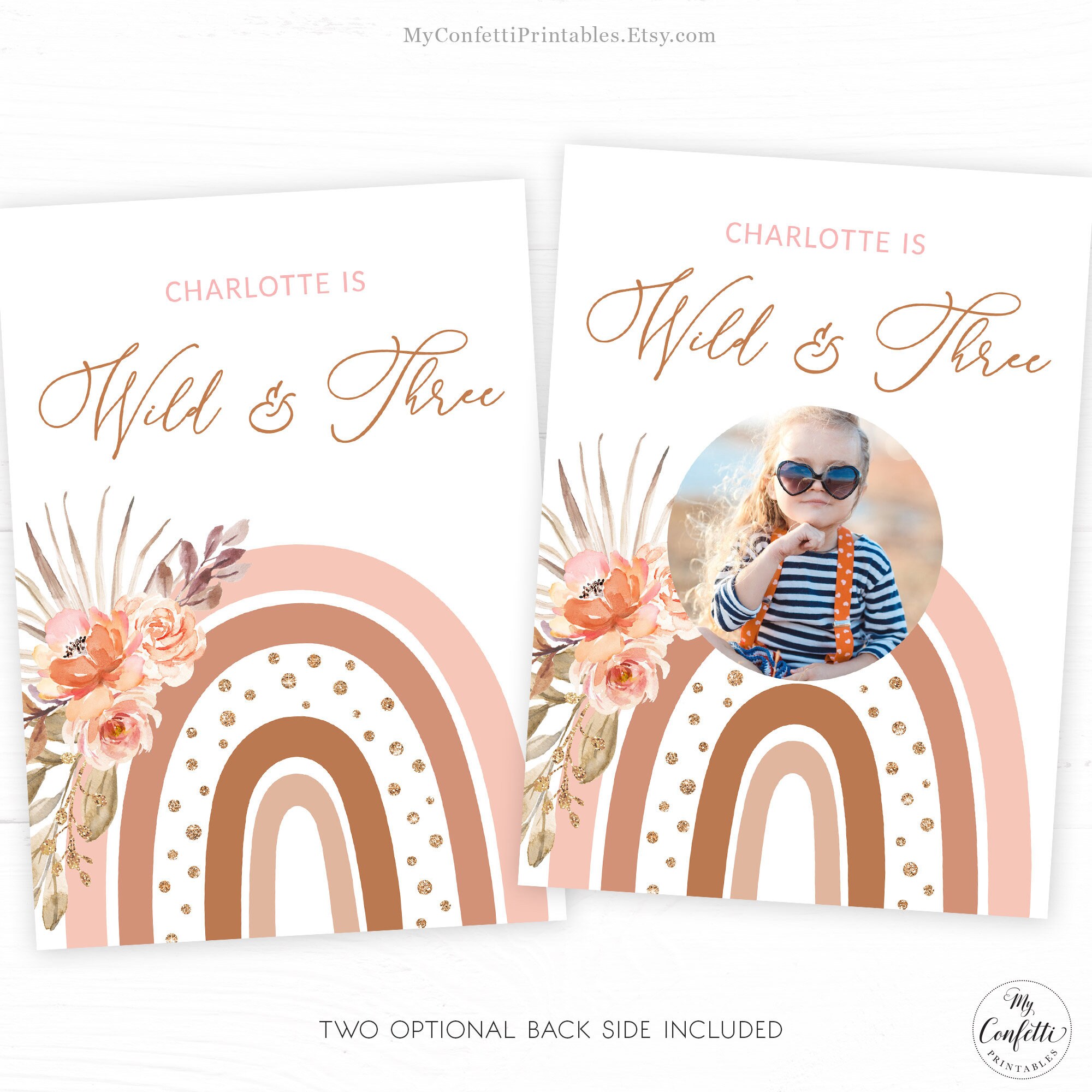 Wild & Three Girl 3rd Rainbow Birthday Invitation, Editable Pink Boho ...