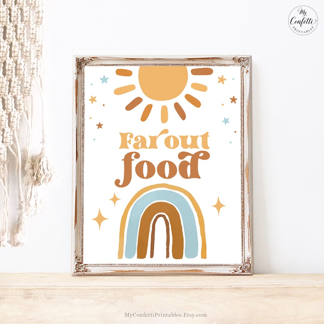 Far Out Food Sign, Printable Food Sign, Sunshine, Rainbow, Retro, Sun ...