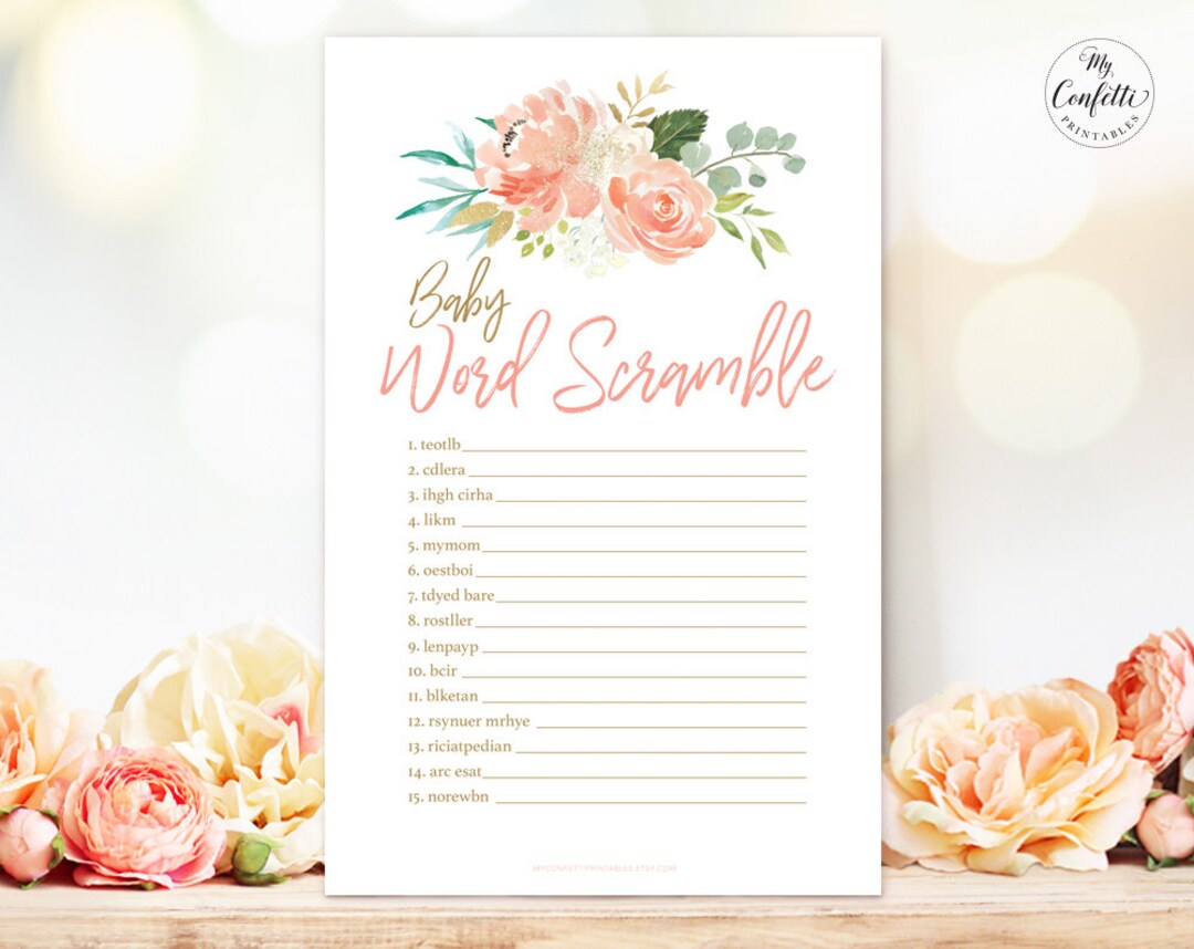 Baby Shower Game, Baby Word Scramble, Peach Blush Floral, Gold, Girl ...