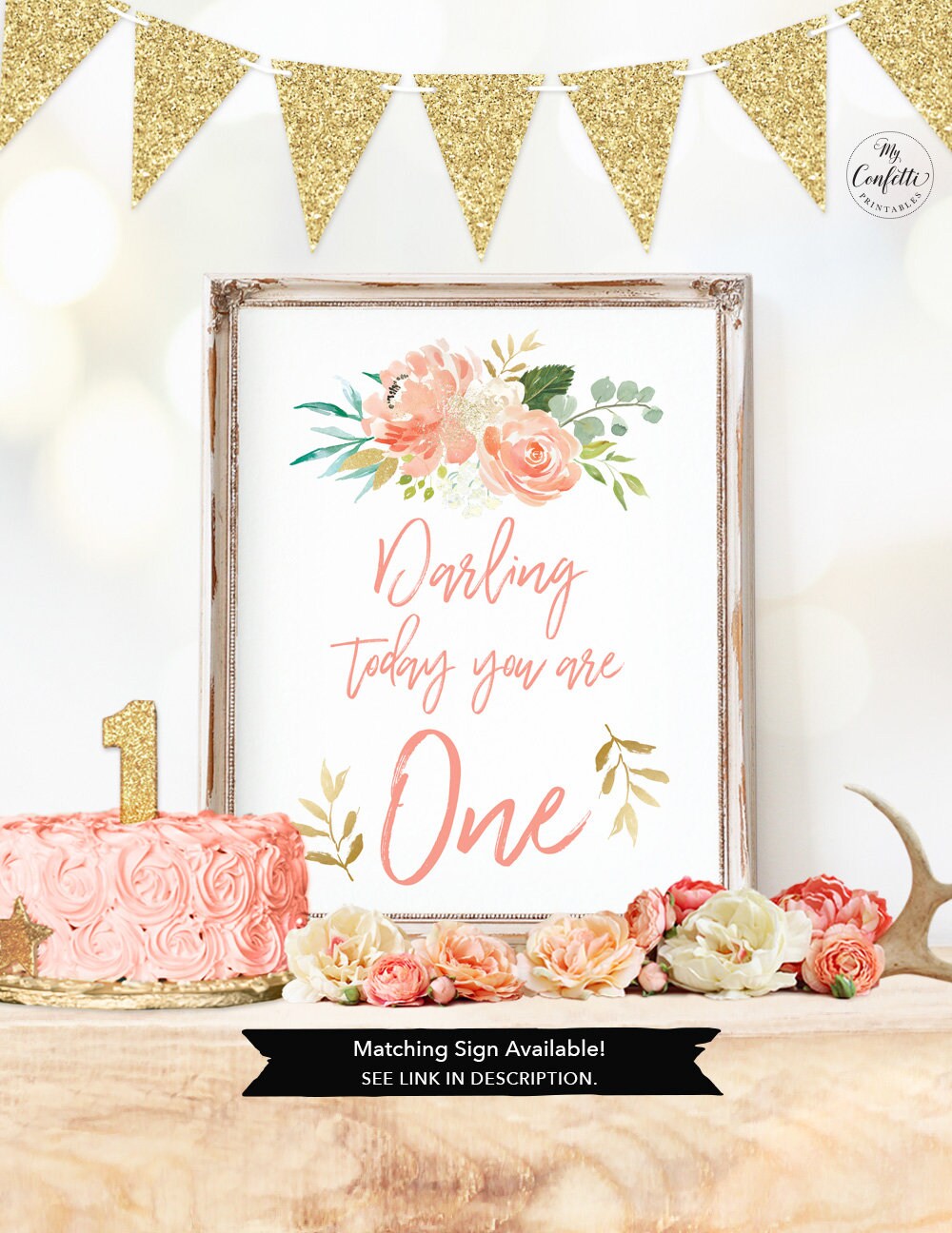 EDITABLE Peach Floral Baby's First Birthday Party Invitation, Printable ...