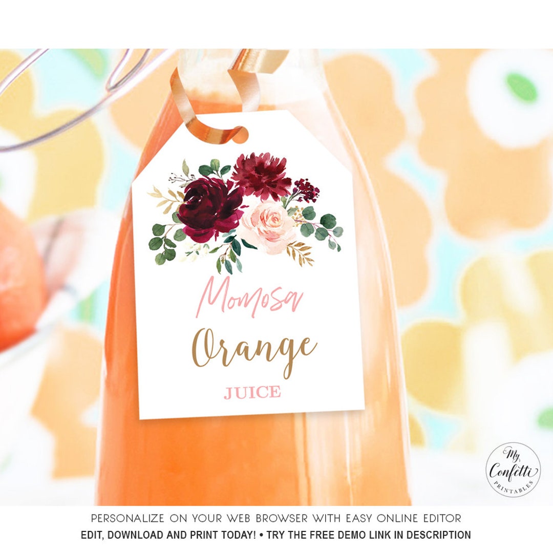 Editable Momosa Juice Tags, Burgundy Pink Floral Baby Shower Mimosa ...