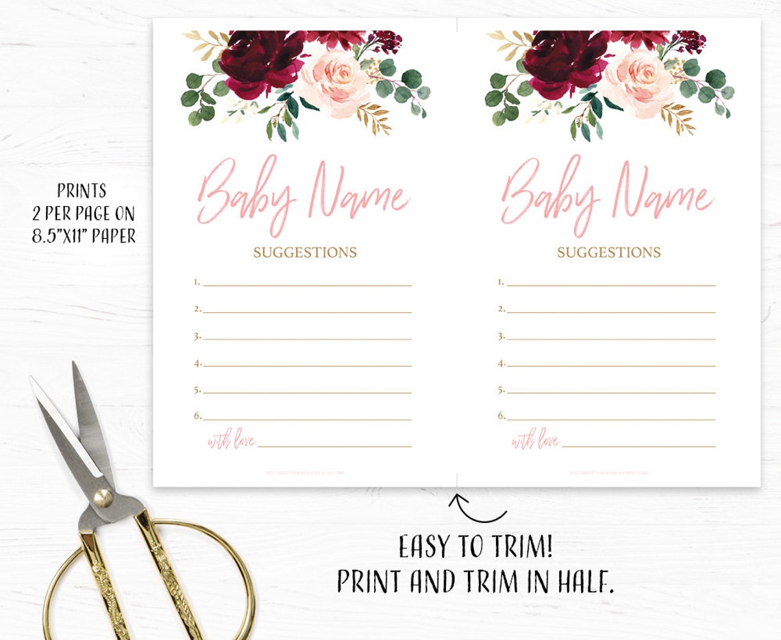 Printable Baby Name Suggestions Sign and Cards Pink Burgundy | Etsy