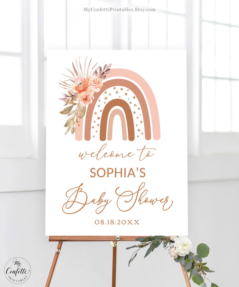 Boho Rainbow Baby Shower Welcome Sign, Editable Welcome Sign Template ...