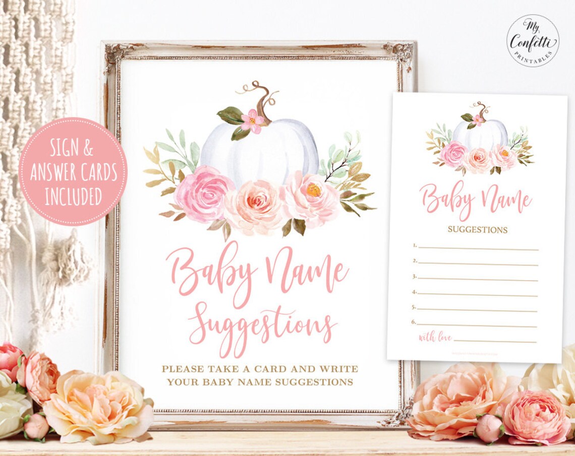 Printable Baby Name Suggestions Sign and Cards, Girl Baby Shower Party ...