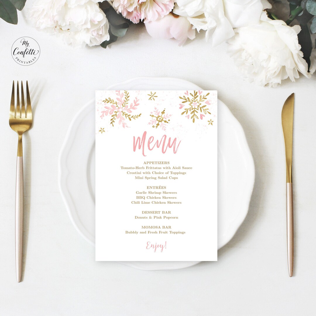 Pink Snowflake Menu, Editable Menu Template, Baby Shower, Birthday ...