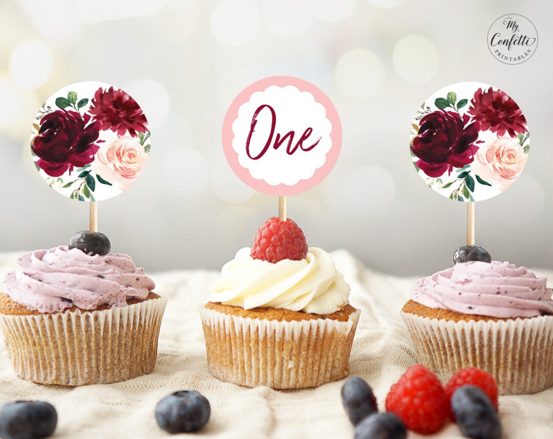 First Birthday Cupcake Toppers, Printable One Cupcake Toppers, Burgundy ...