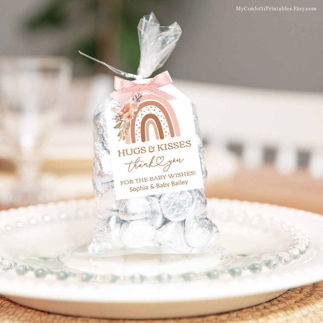Boho Rainbow Hugs & Kisses Favor Tags, Editable Baby Shower Favor Tag ...