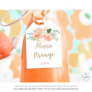Editable Momosa Juice Tags, Peach Floral Baby Shower Mimosa Juice Tags ...