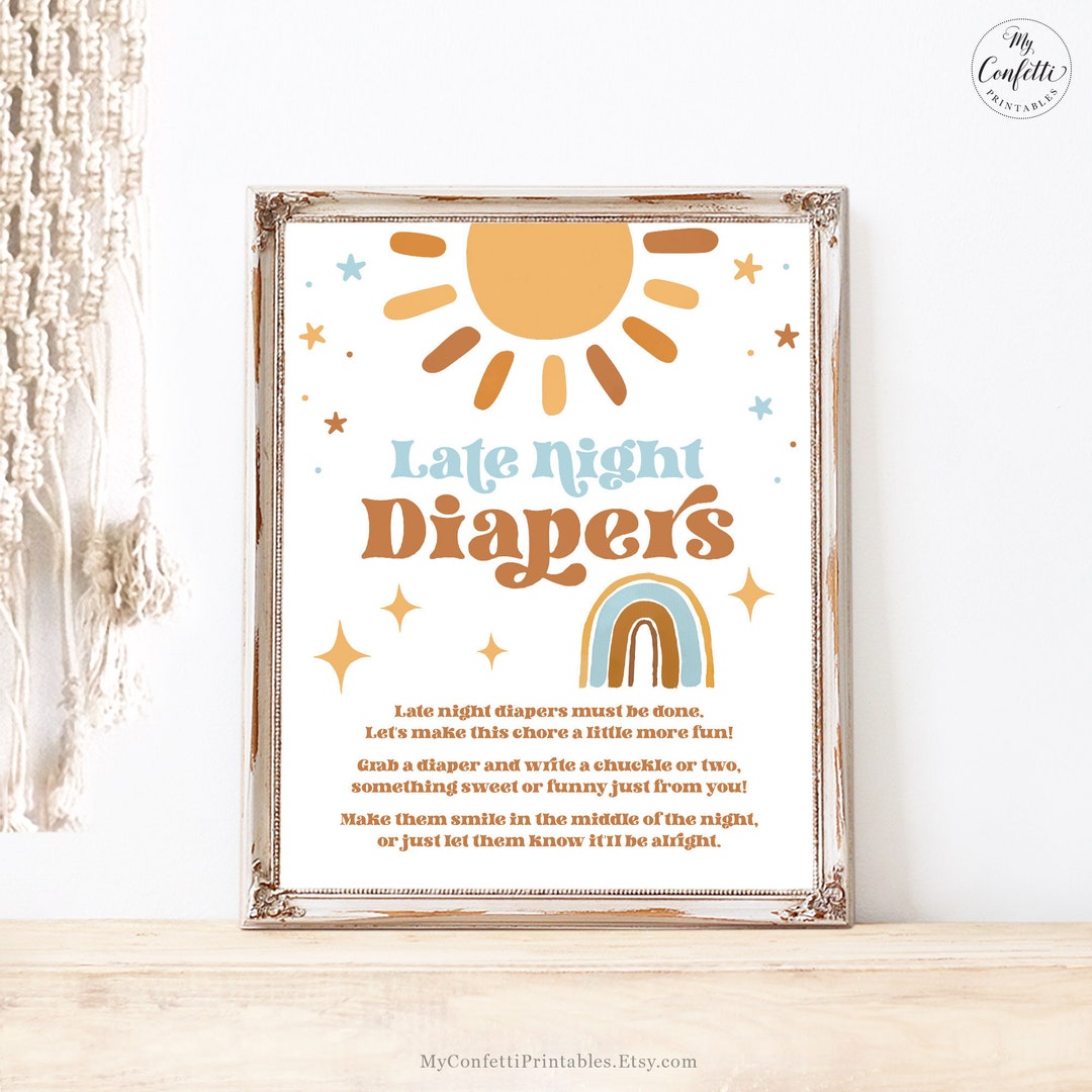 Late Night Diapers Game Sign, Printable Baby Shower Sign, Sunshine ...