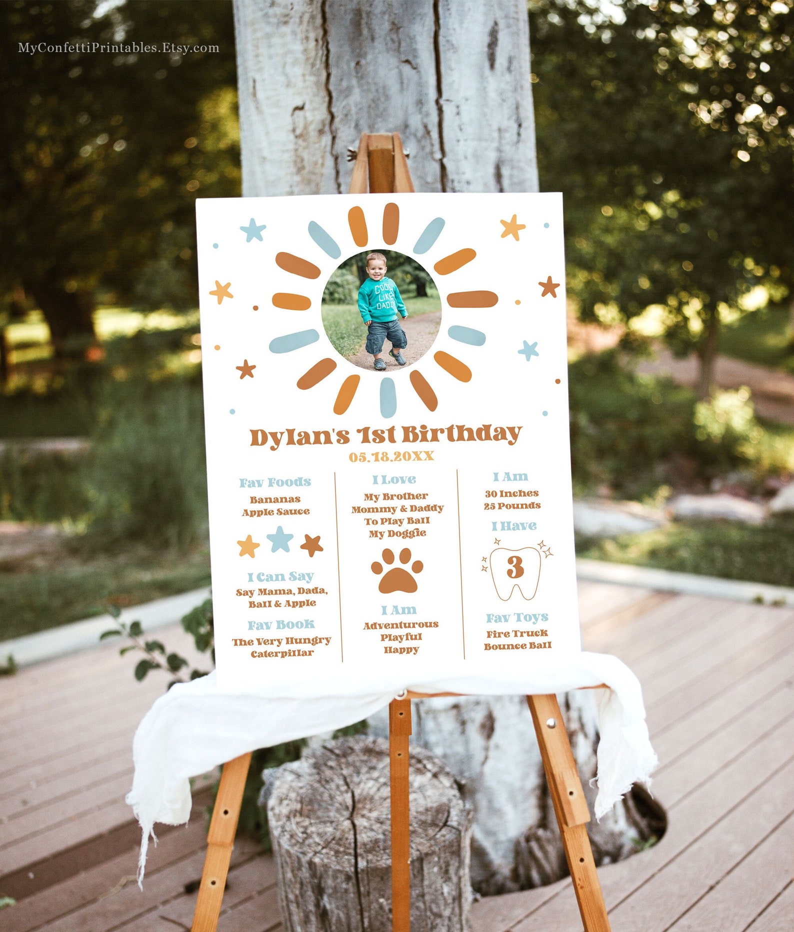 Editable Boy Birthday Milestone Sign Template, Sunshine, Rainbow, Blue ...