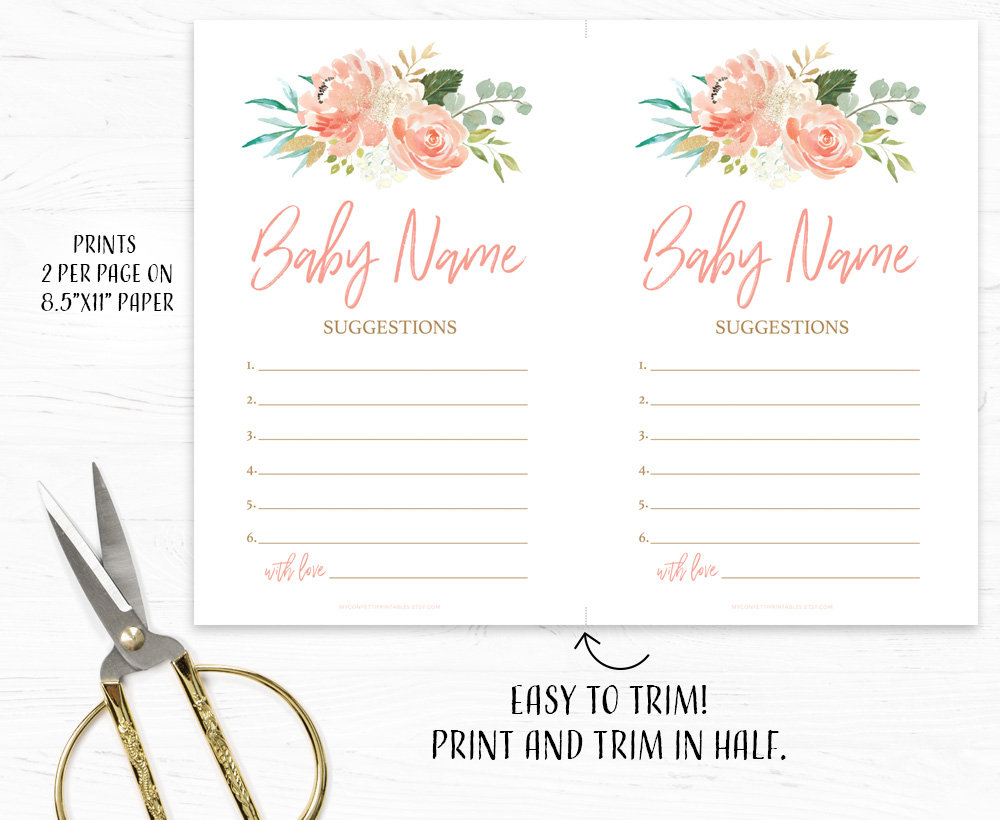 Printable Baby Name Suggestions Sign and Cards, Peach Blush Floral ...