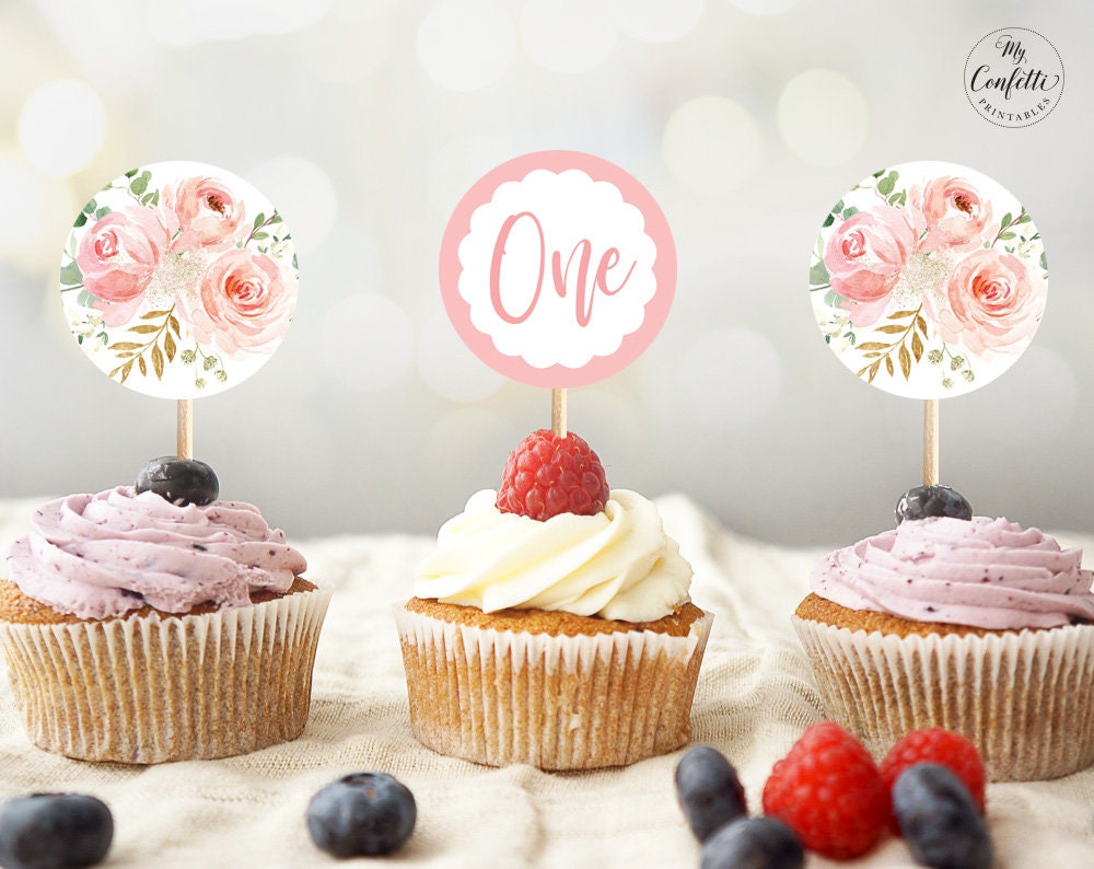 Pink First Birthday Cupcake Toppers, Printable One Cupcake Toppers ...