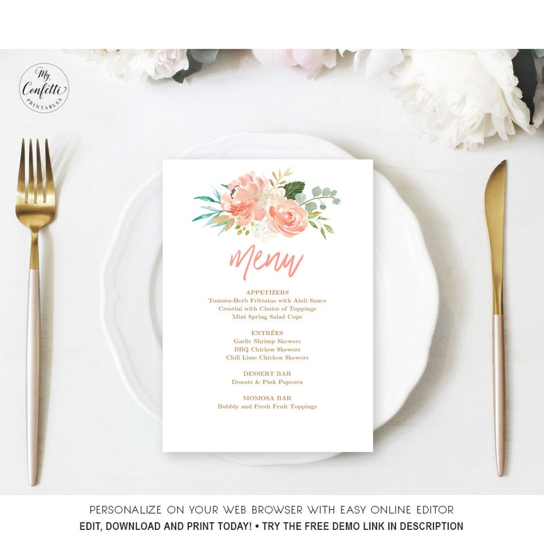 Printable Peach Floral Menu, Editable Menu Template, Baby Shower ...