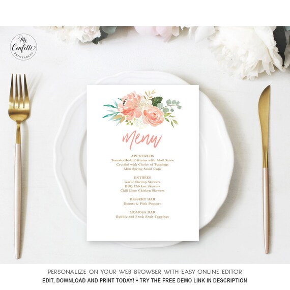 Printable Peach Floral Menu Editable Menu Template Baby - Etsy