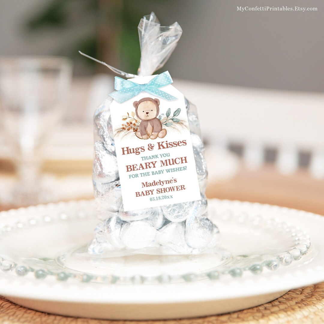 Hug & Kisses Tags, Editable Baby Shower Favor Tag Template, Teddy Bear ...