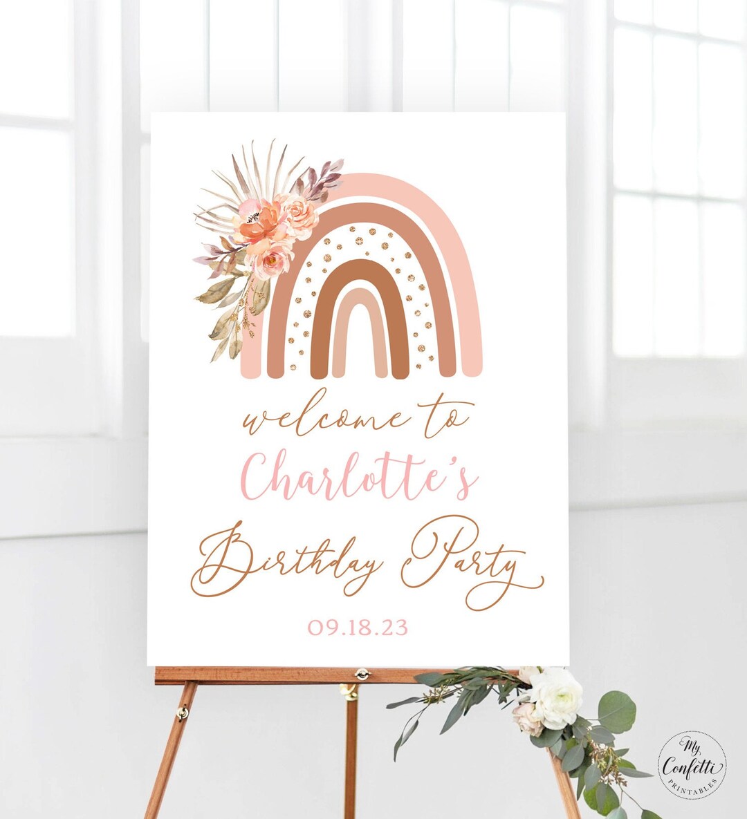 Pink Boho Rainbow Birthday Welcome Sign, Printable Welcome Sign ...