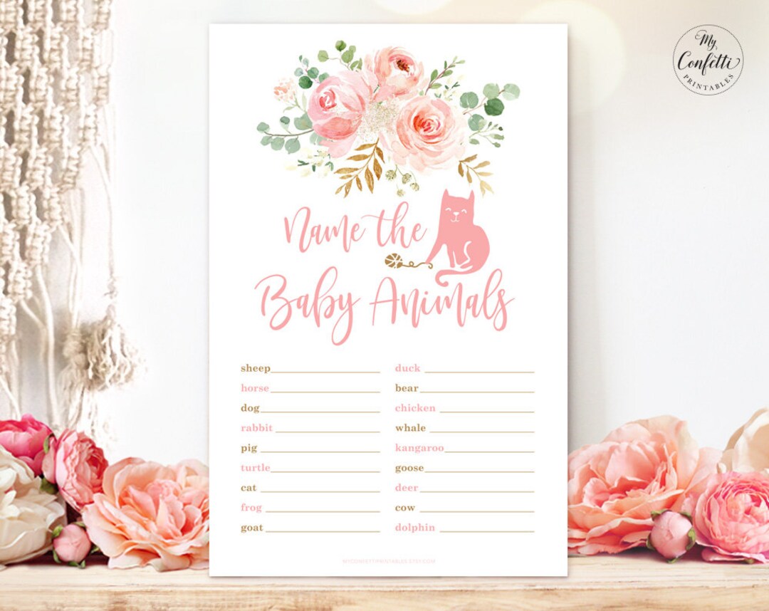 Name the Baby Animals Game, Baby Shower Game, Blush Pink Floral, Gold ...