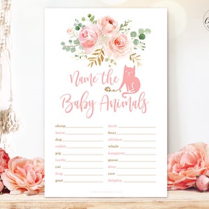 Name the Baby Animals Game, Baby Shower Game, Blush Pink Floral, Gold ...
