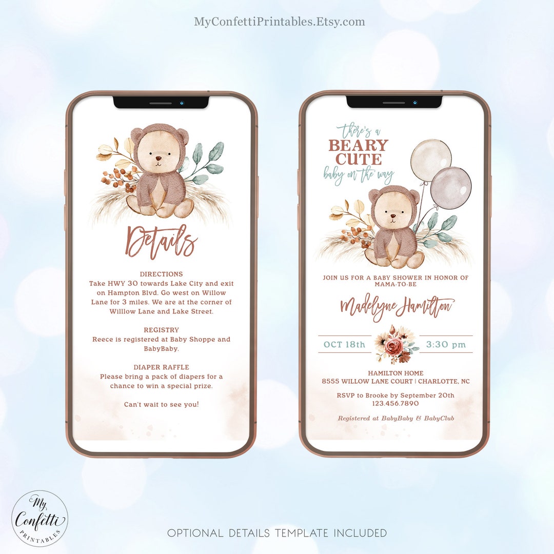 Teddy Bear Digital Baby Shower Invitation Template, Editable ...