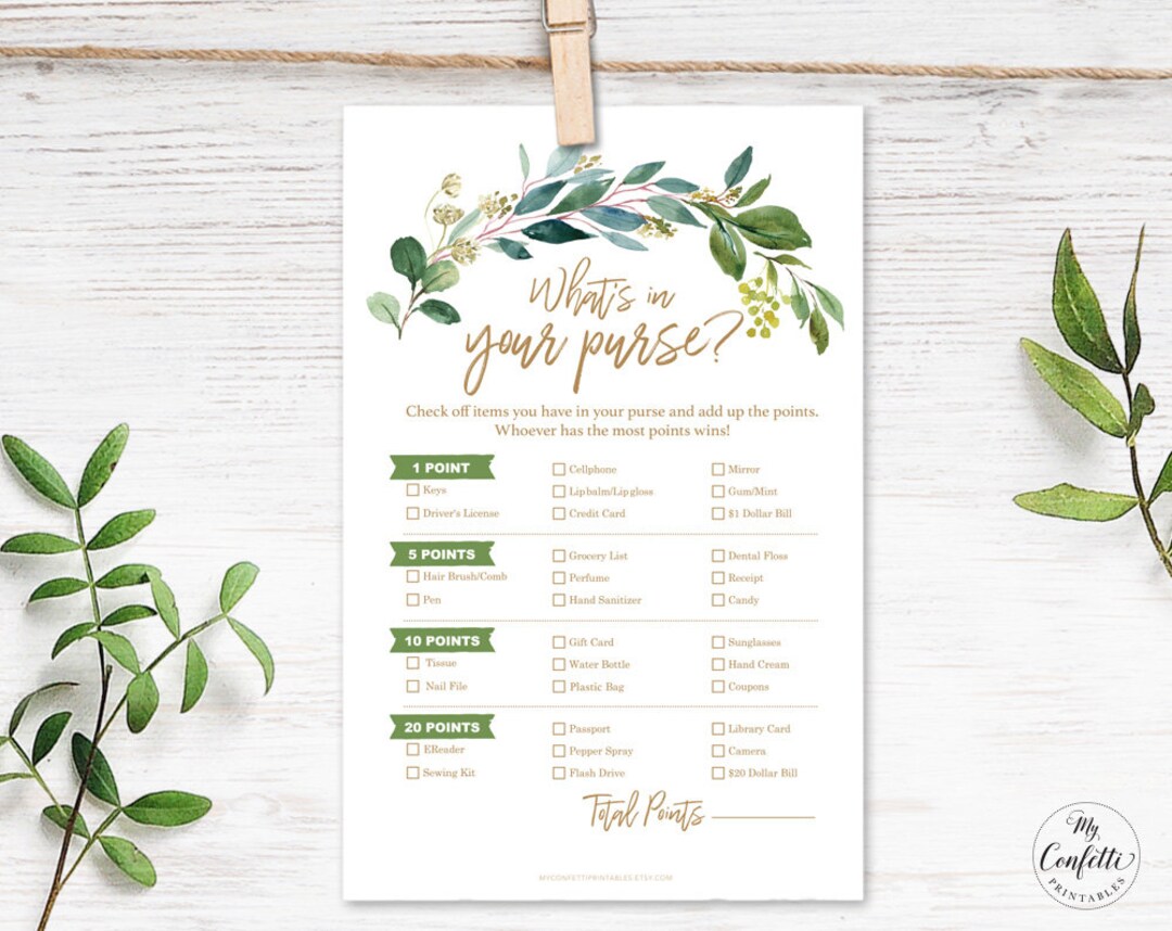 Greenery Baby Shower Game, What's in Your Purse Game, Rustic, Greenery ...