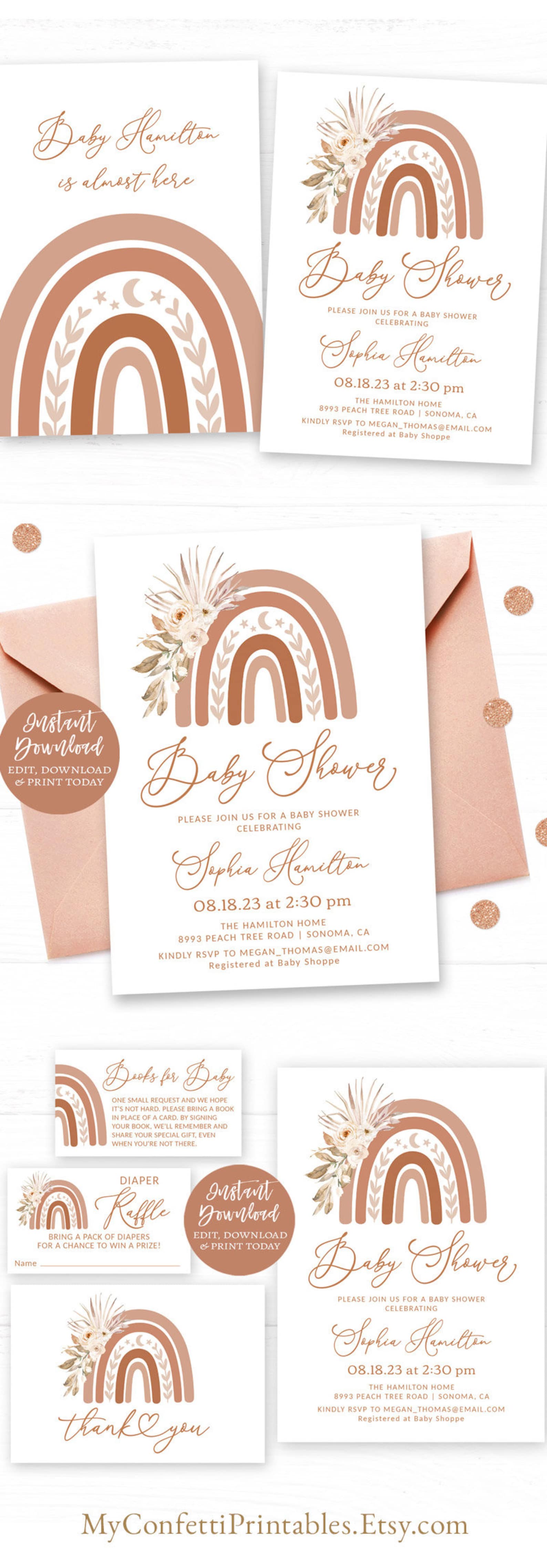 Boho Rainbow Baby Shower Invitation Bundle, Printable Baby Shower ...
