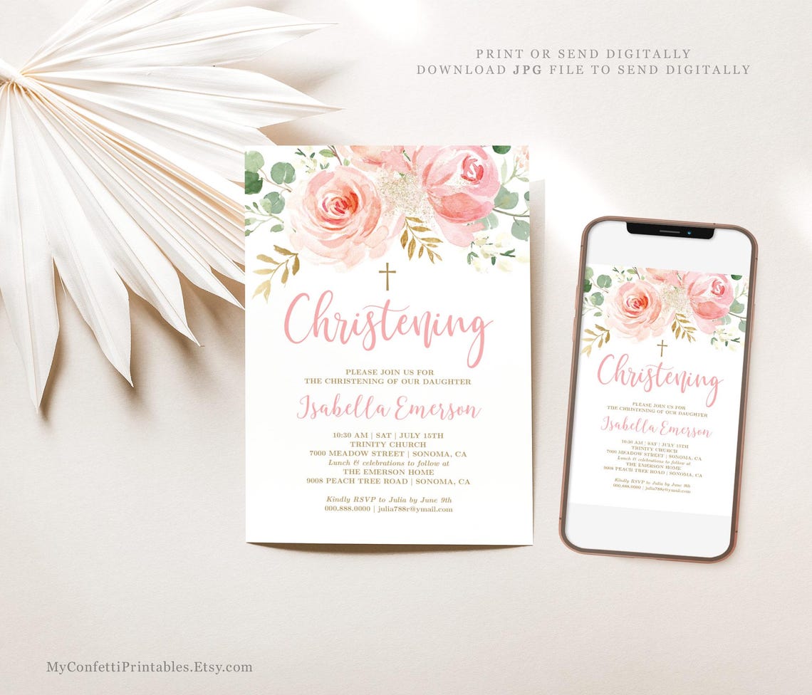 EDITABLE Christening Invitation Template, Blush Pink Floral Christening ...