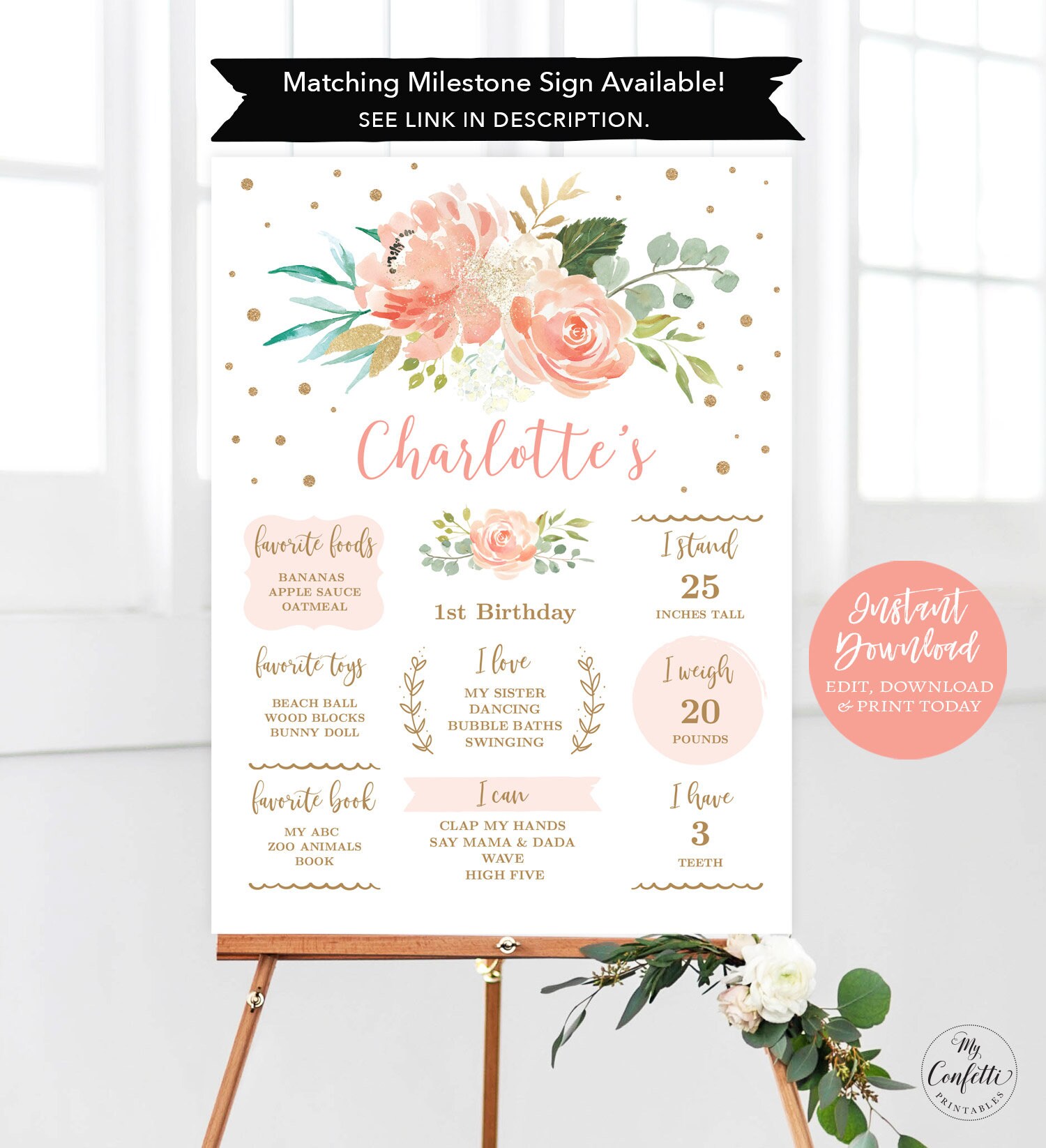 First Birthday Poster Sign, Printable Baby's 1st Birthday Sign, Peach ...