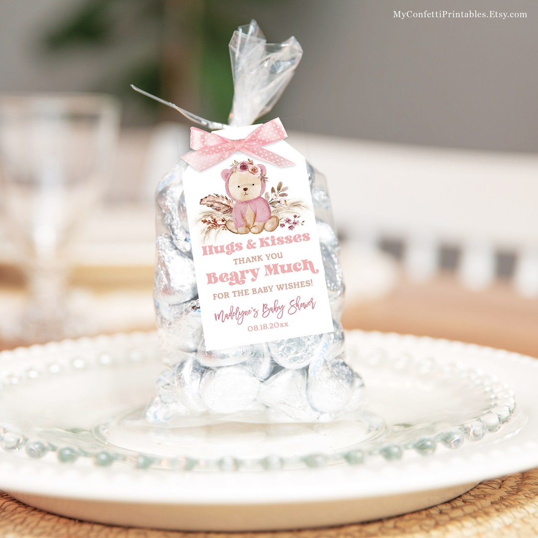 Hug & Kisses Tags, Editable Baby Shower Favor Tag Template, Boho Bear ...