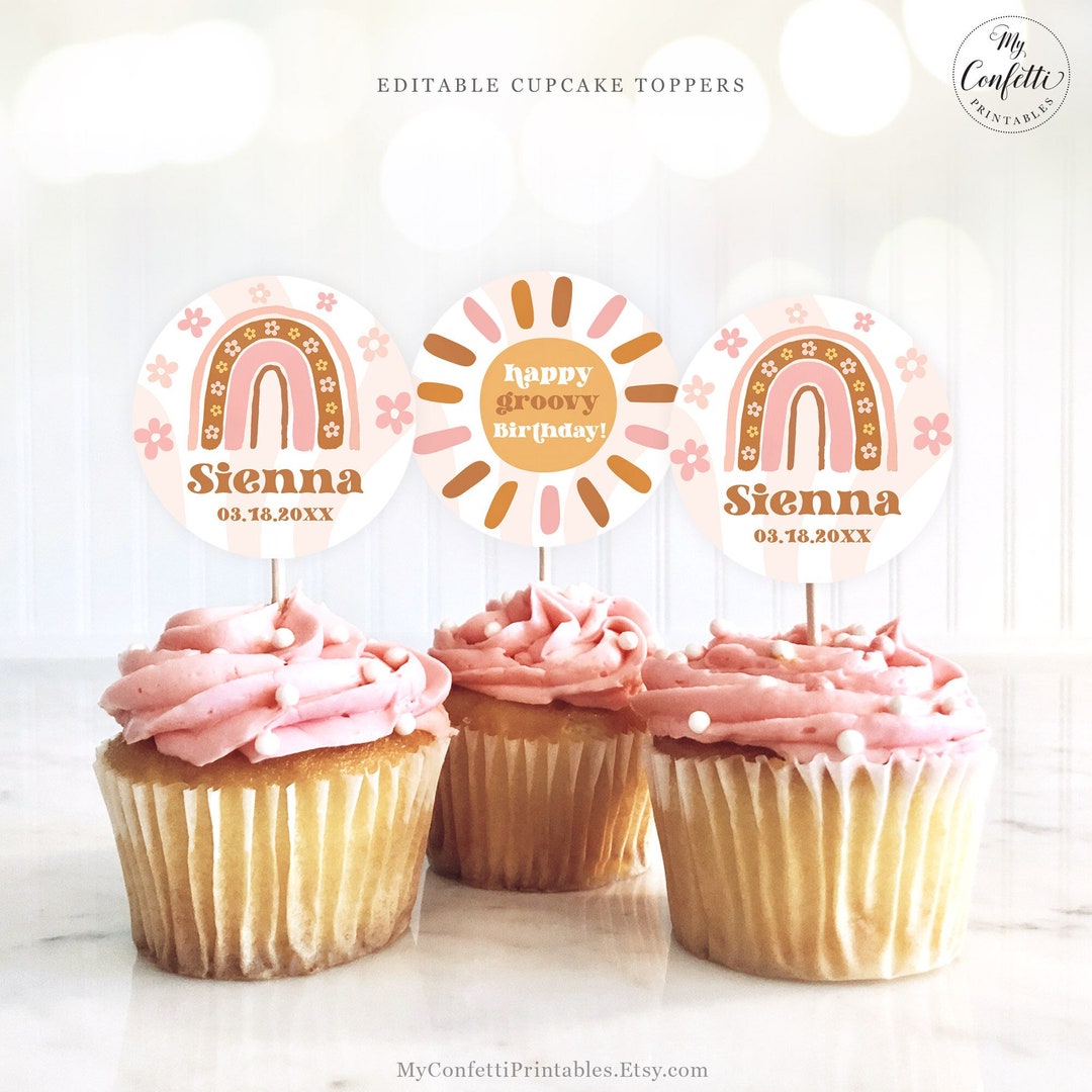 Editable Birthday Cupcake Topper Template, Rainbow, Sun, Sunshine ...