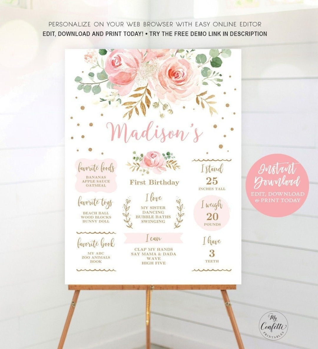 Editable First Birthday Milestone Board Template, Printable Baby Girl ...