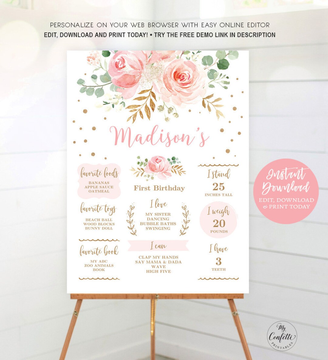 Editable First Birthday Milestone Board Template Printable - Etsy