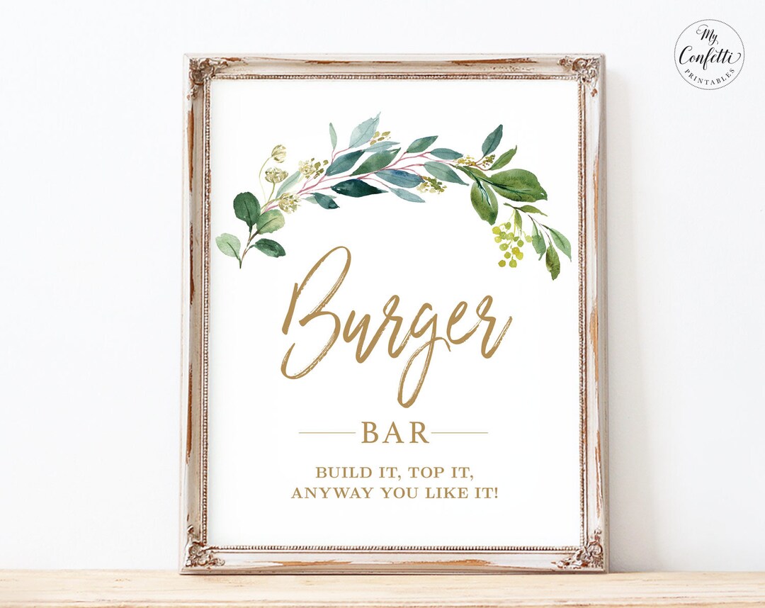 Burger Bar Sign, Printable Baby Shower Hamburger Bar Sign, Greenery ...