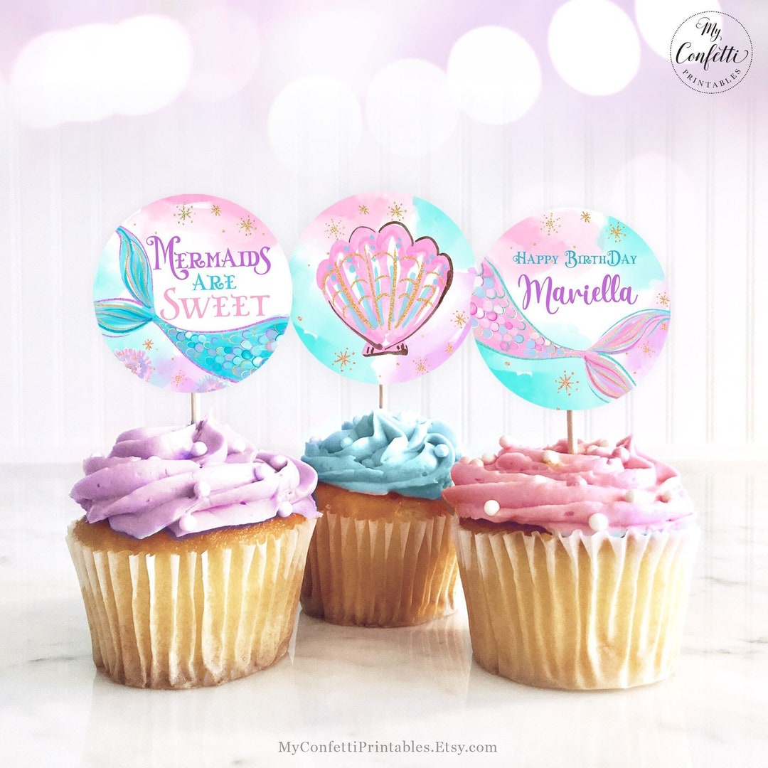 Editable Mermaid Birthday Cupcake Toppers Template, Printable, Girl ...