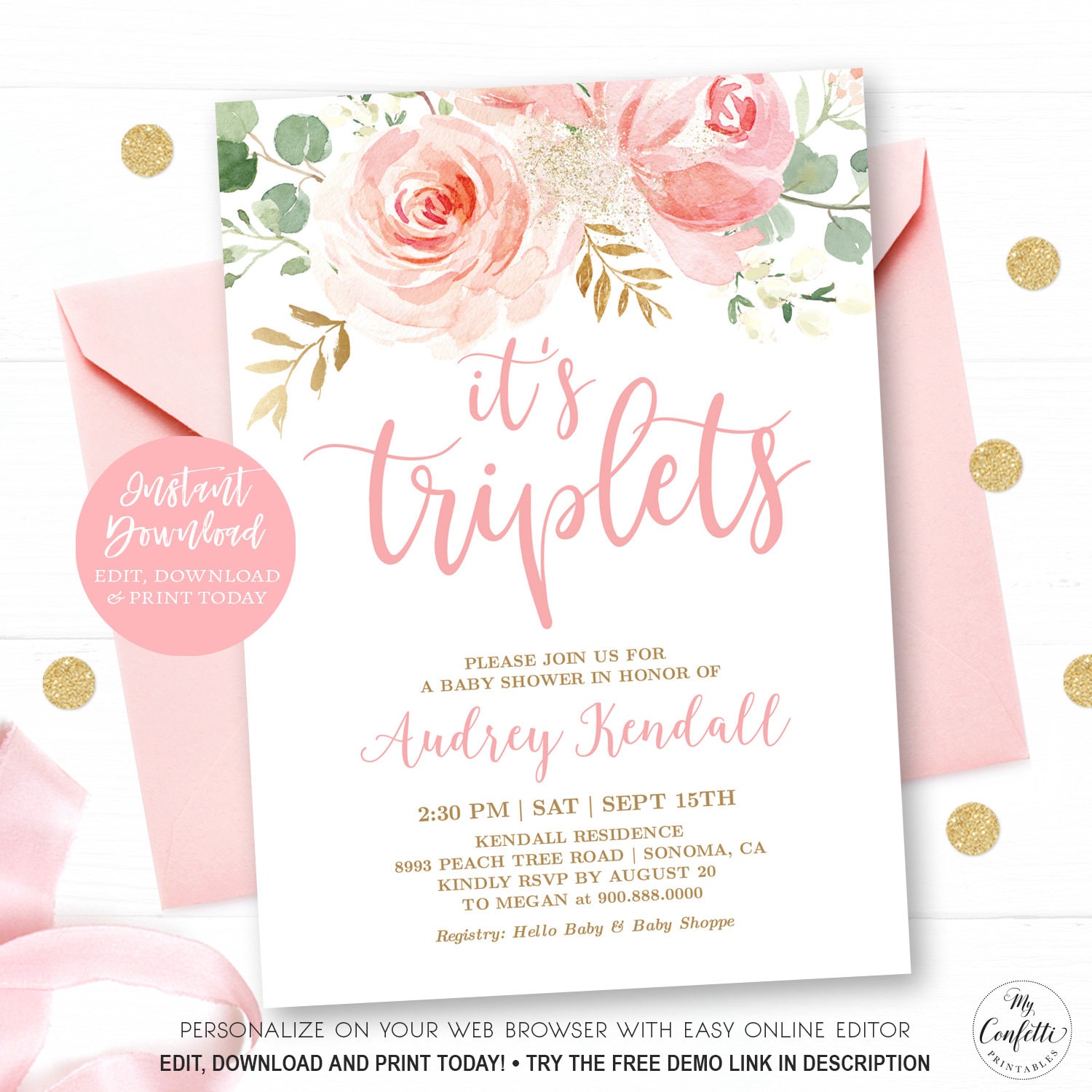 Triplets Baby Shower Invitation, It's Triplets, Printable Baby Shower ...