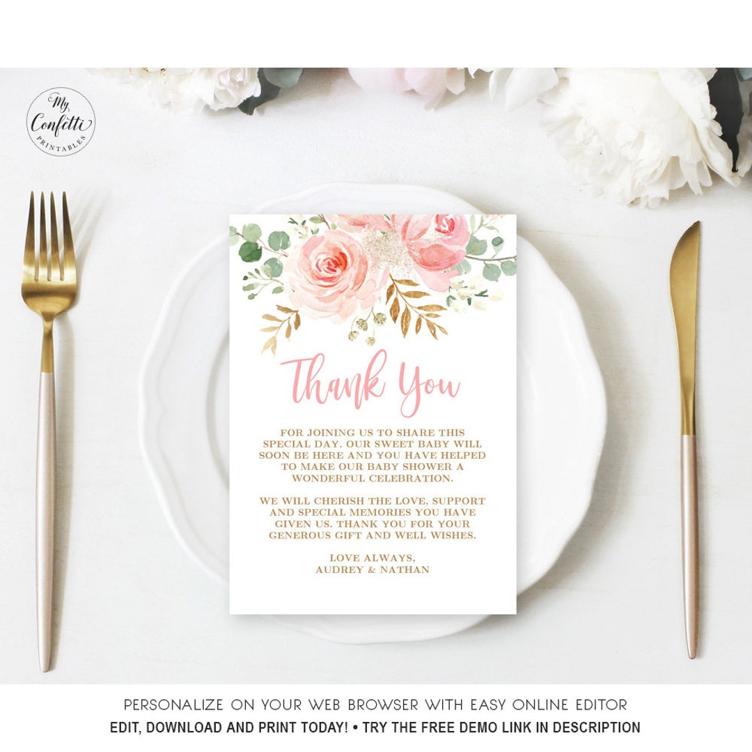 EDITABLE Thank You Note Card Template, Blush Pink Floral Printable, 4x6 ...