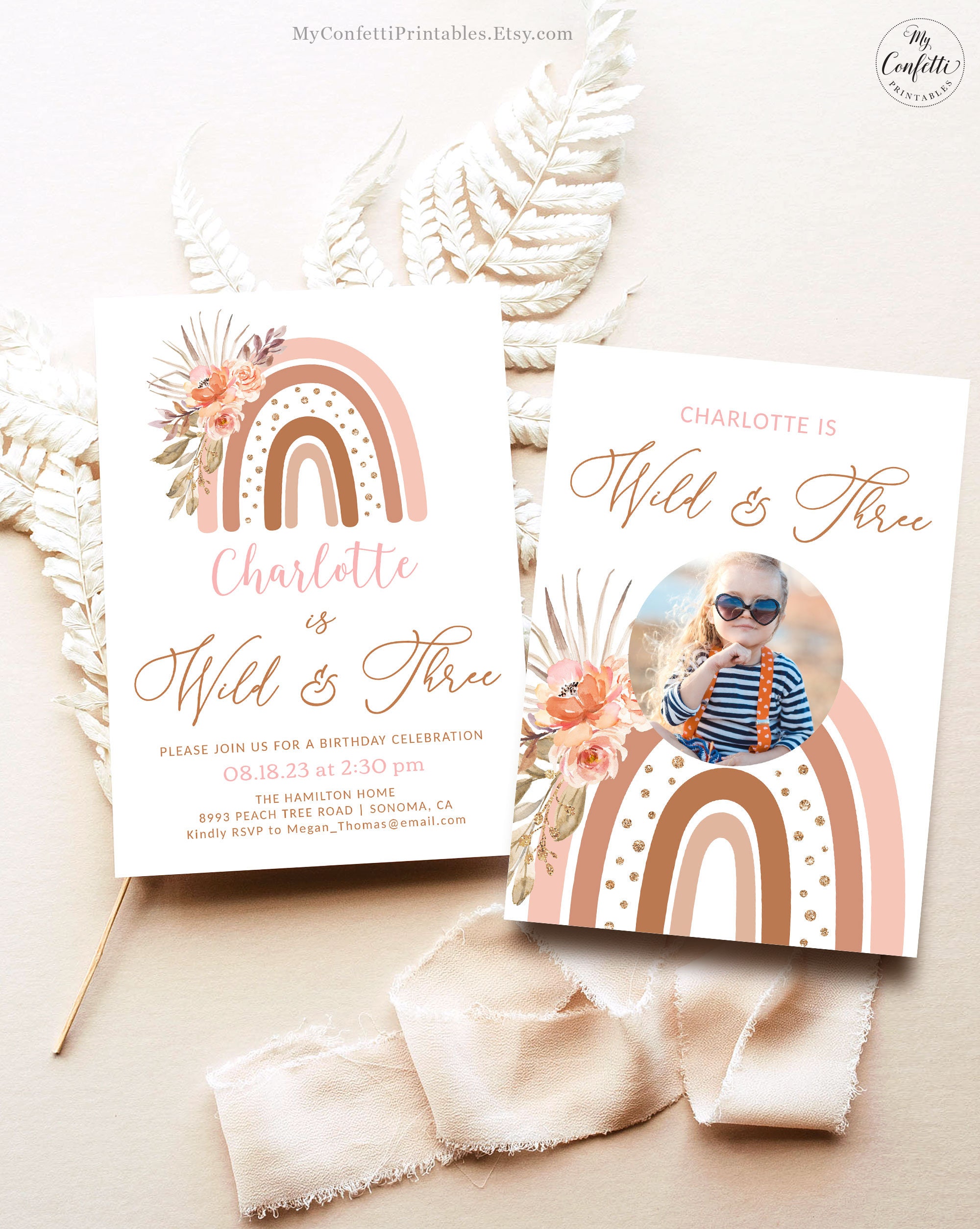 Wild & Three Girl 3rd Rainbow Birthday Invitation, Editable Pink Boho ...