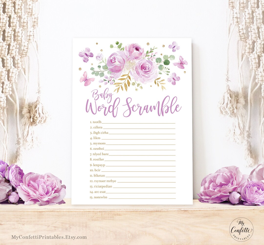 Baby Word Scramble Game, Printable, Baby Shower Game, Lavender, Lilac ...