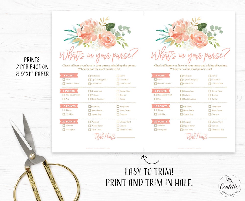 Baby Shower Game What's in Your Purse Game Peach Blush | Etsy