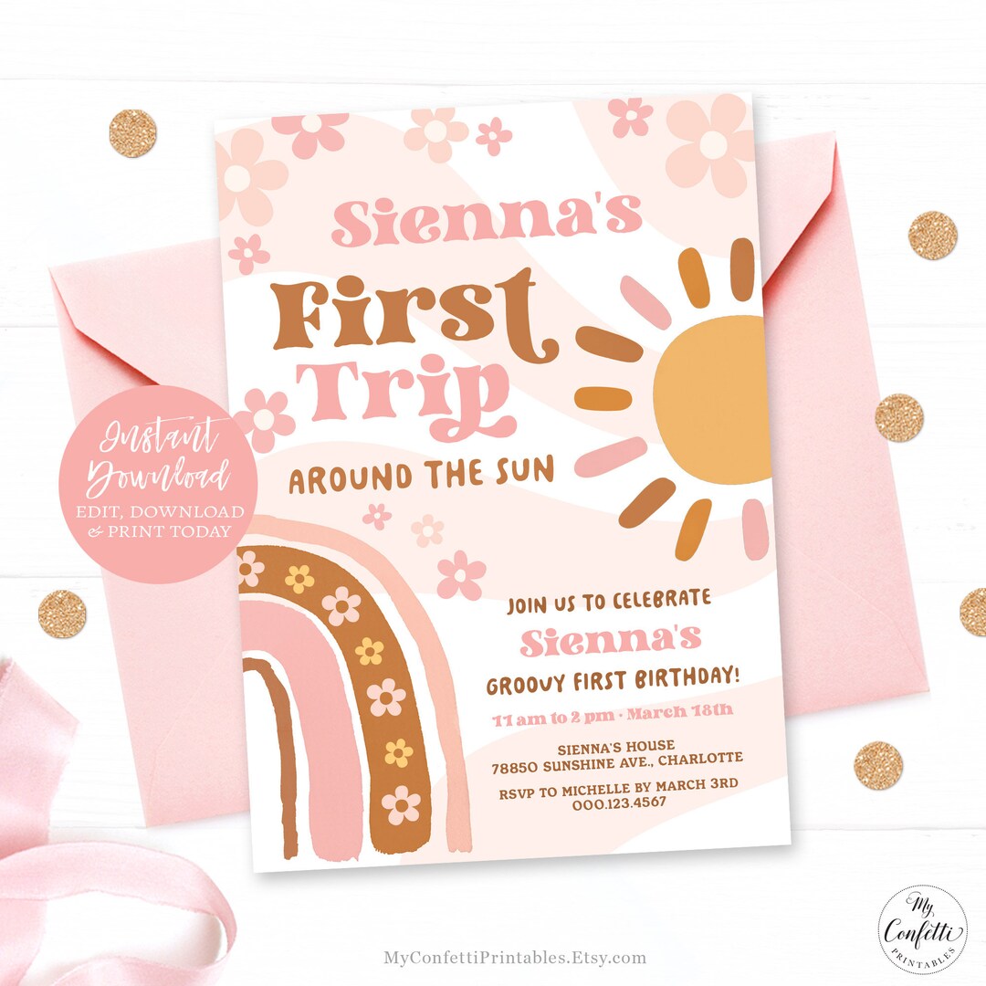 First Trip Around the Sun Birthday Invitation, Editable 1st Birthday ...
