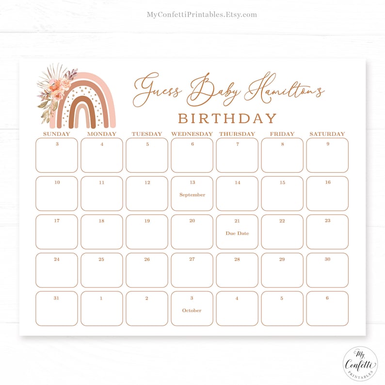 Boho Rainbow Due Date Calendar Game Sign Template Printable - Etsy