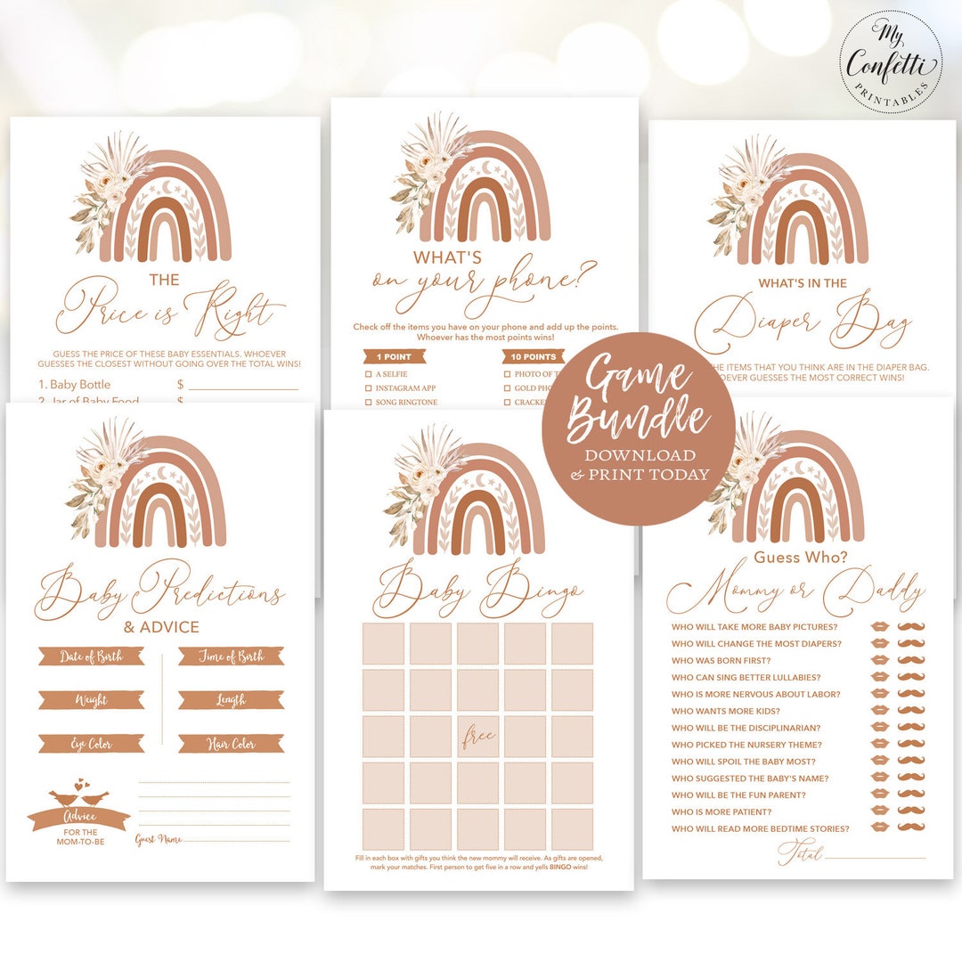 Printable Baby Shower Game Bundle, Six Games Included, Boho Rainbow ...