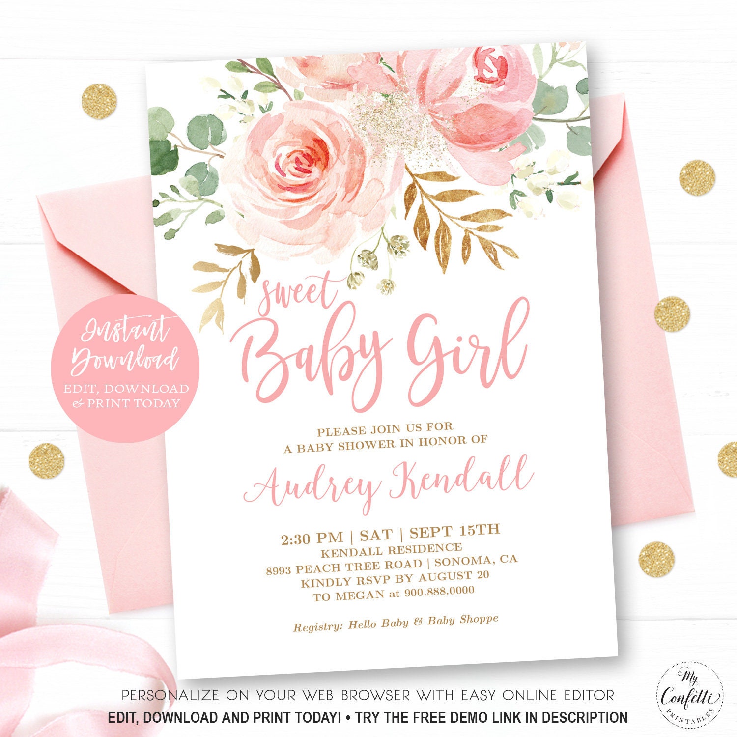 Print At Home Printable Invite Template Watercolor Floral Customizable 