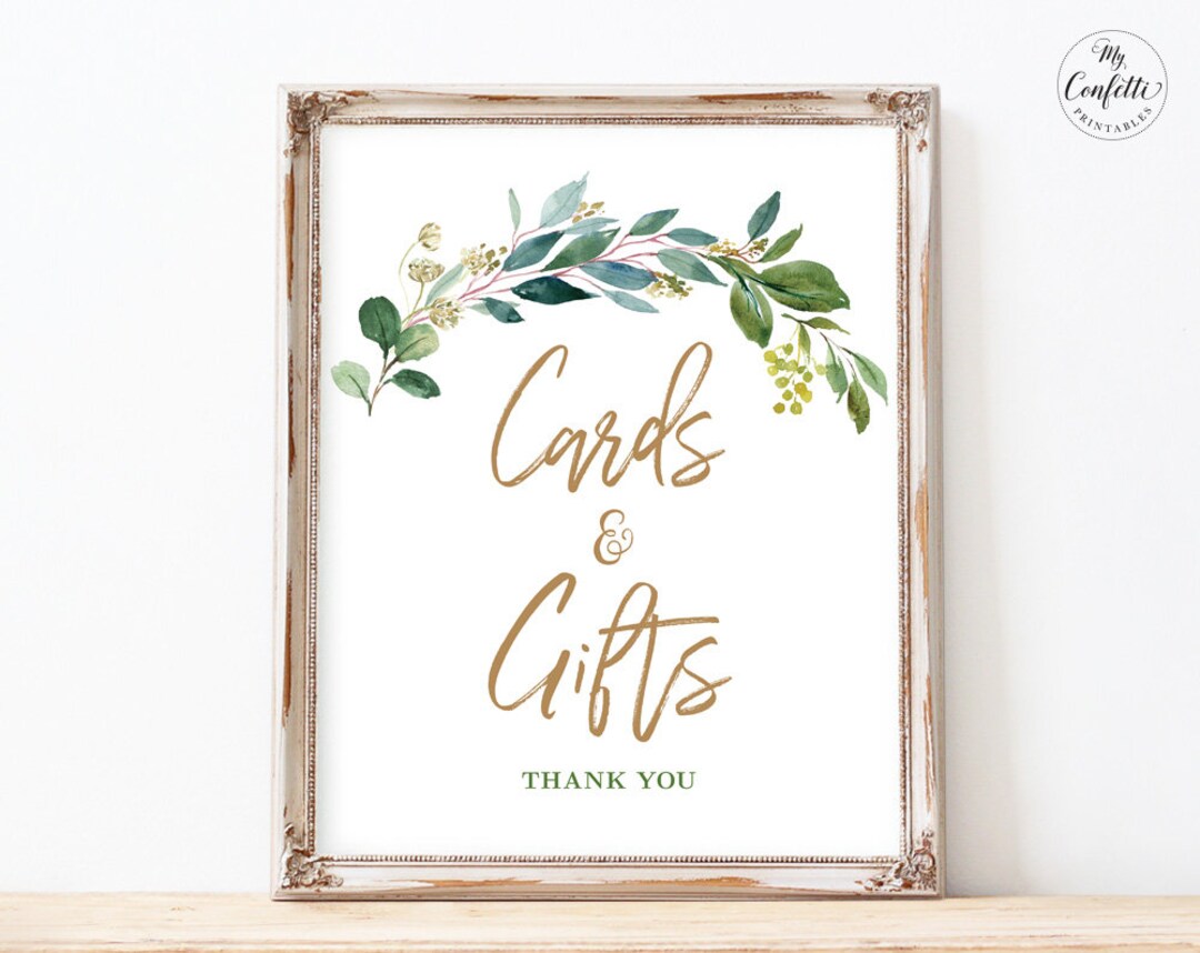 Greenery Cards & Gifts Sign, Printable Baby Shower Cards and Gifts Sign ...