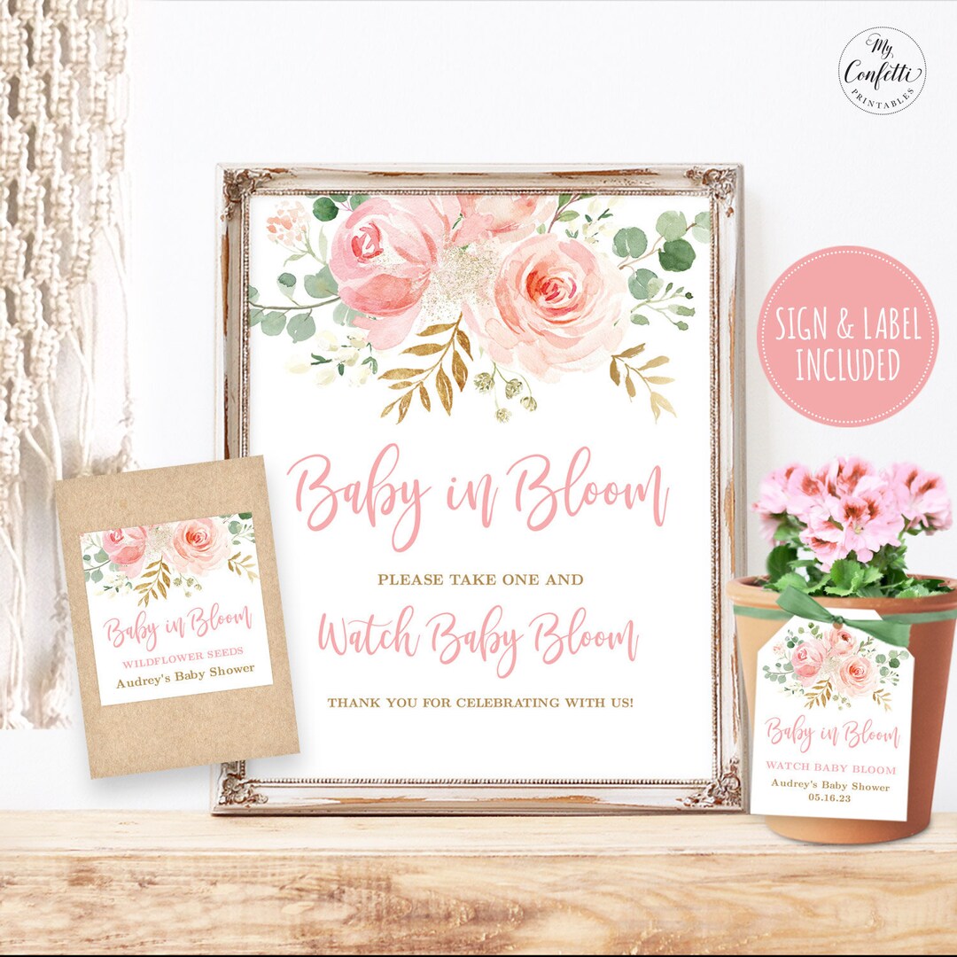 Baby in Bloom Sign, Favor Label or Tag Set, Printable Favor Tags and ...